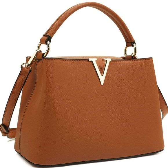 Boutique Emmé | Bags | Brown Letter V Crossbody Top Handle Bag | Poshmark